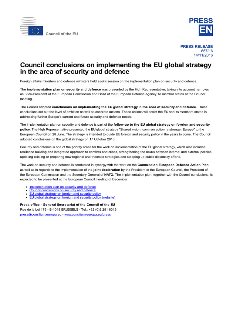 Council Conclusions On Implementing The EU Global Strategy in The Area ...