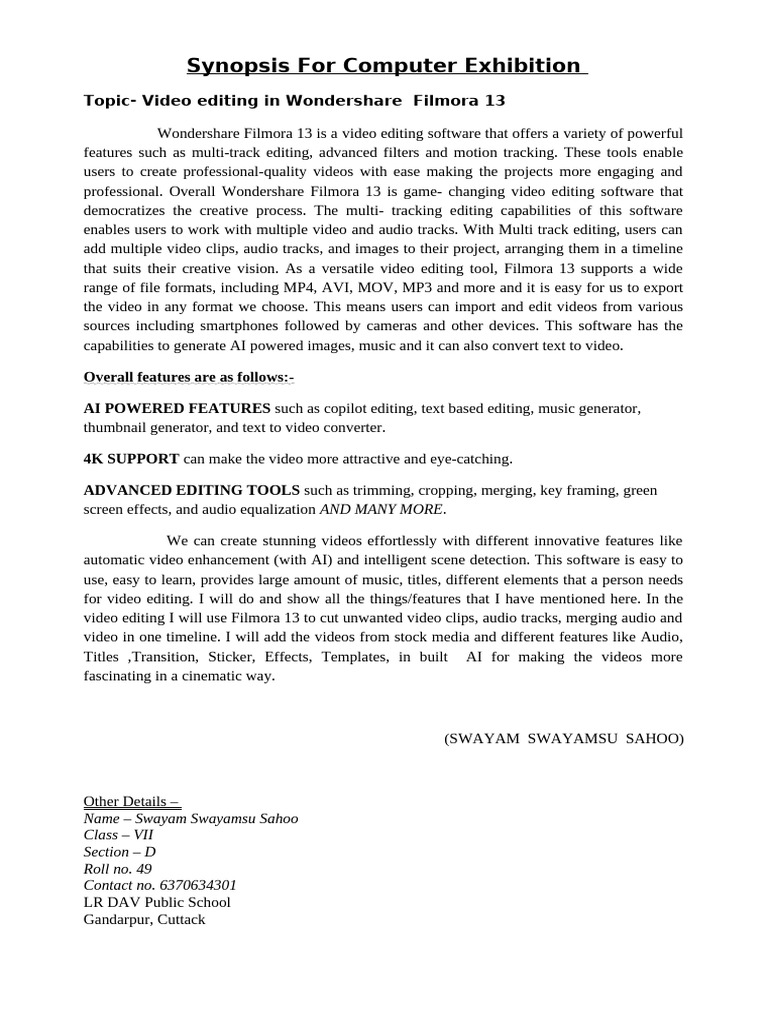 Synopsis For Computer Exhibition | PDF | Video | Editing