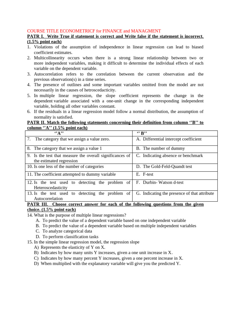Assigniment Econometrics RVU 2024 Summer | PDF | Errors And Residuals | Linear Regression