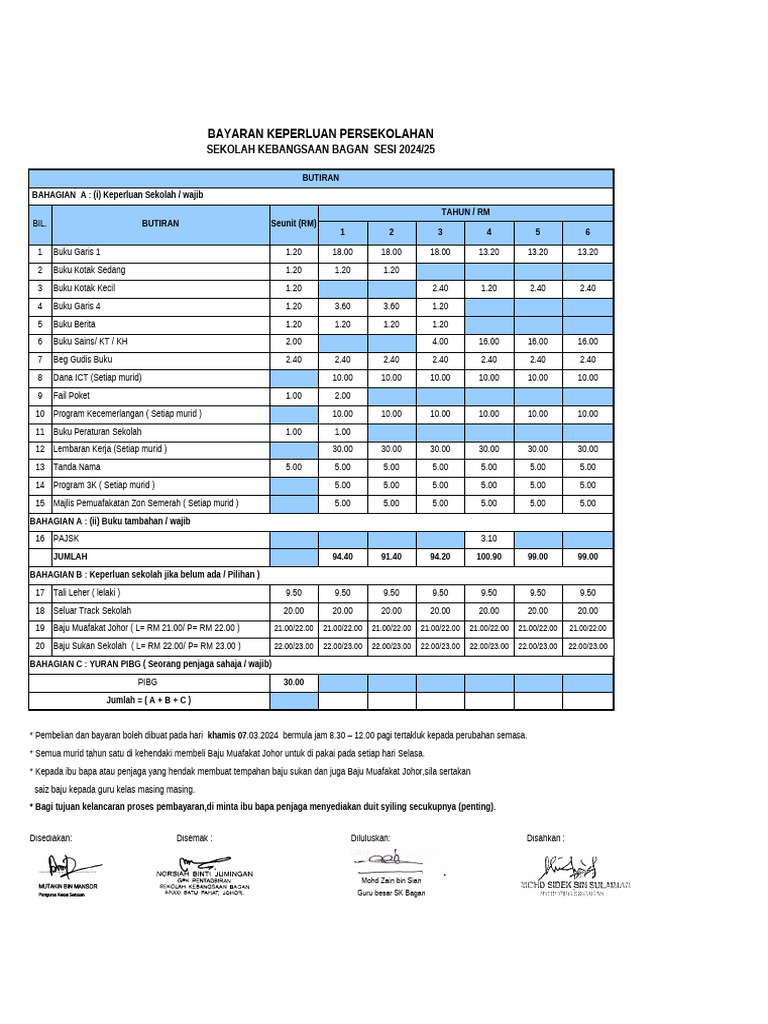 BAYARAN KEPERLUAN MURID 2024 Siap | PDF