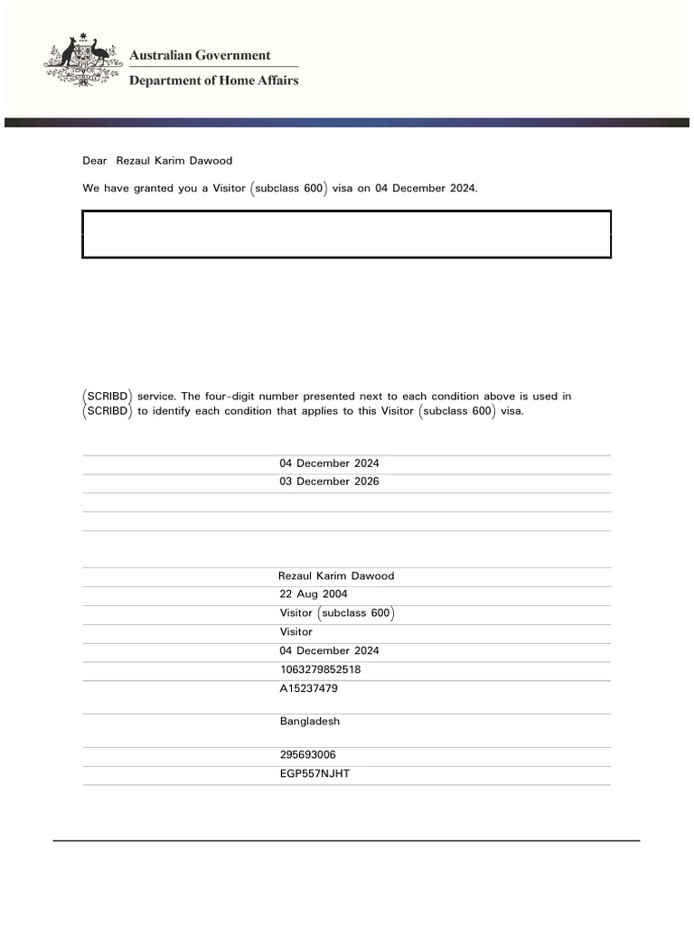 Rezaul Karim Dawood Australia Visa Subclass 600 Granted Letter 22-08 ...