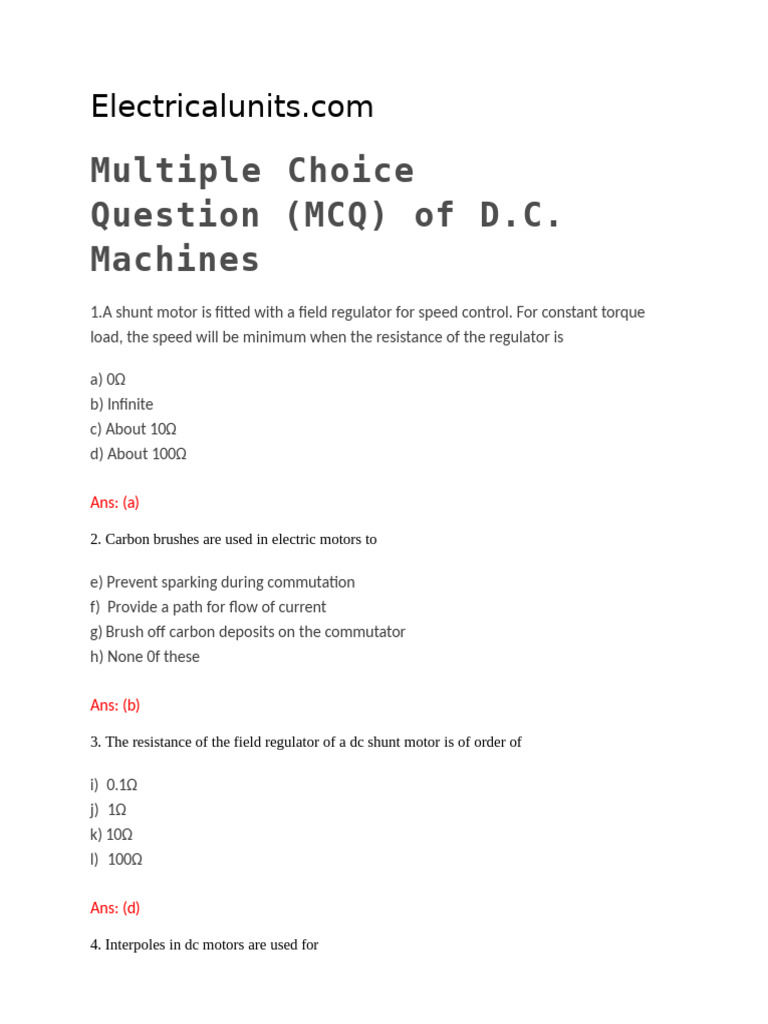 Multiple Choice Question MCQ of DC Machines | PDF | Electric Motor ...
