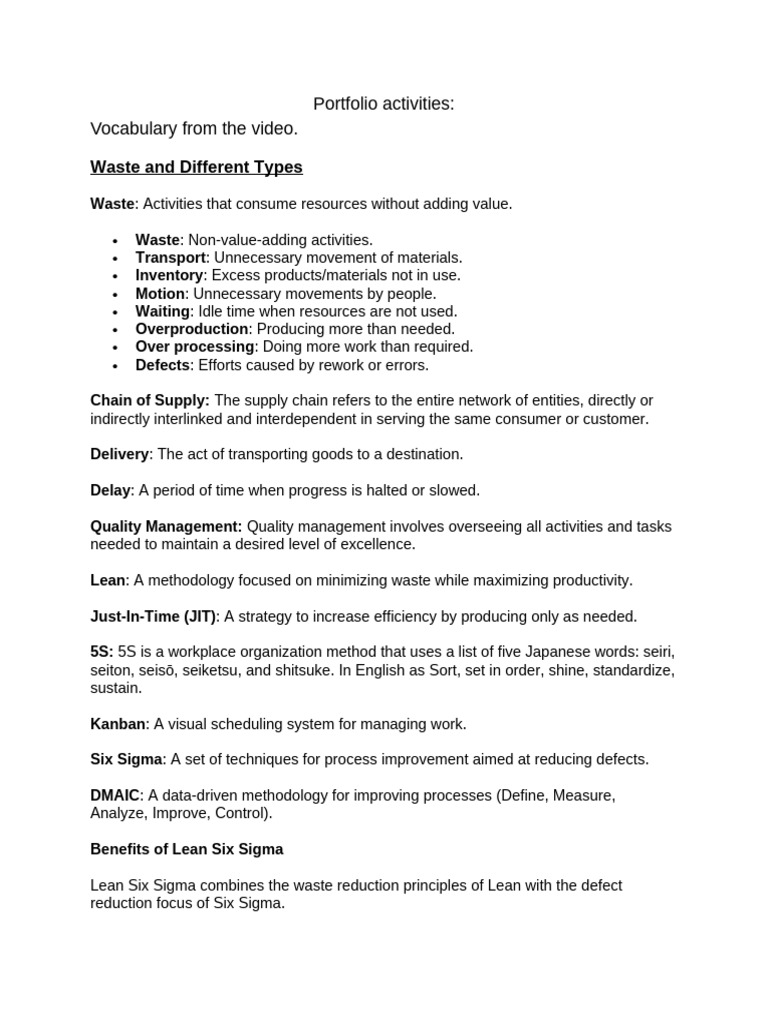 Portfolio activities | PDF | Lean Manufacturing | Six Sigma