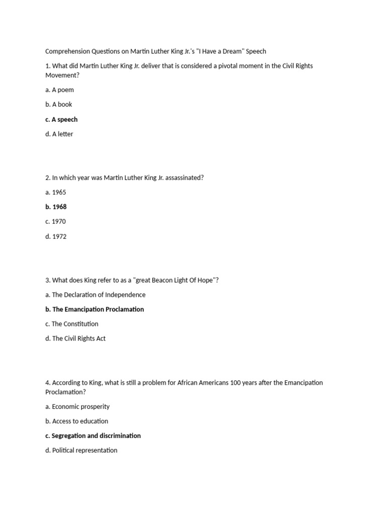 Comprehension Questions on Martin Luther King Jr | PDF