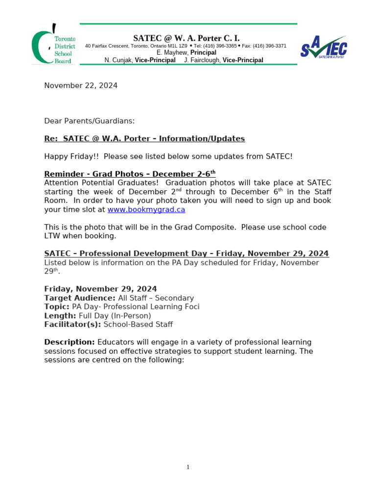 2024 Nov 22 SATEC Parent Letter Updates | PDF | Pedagogy | Behavior ...