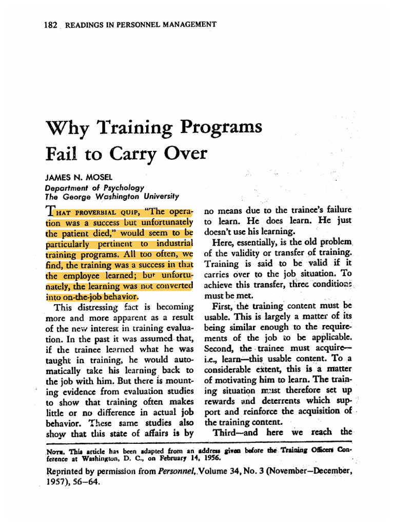 Mosel (1957) Why Training Programs Fail To Carry Over | PDF | Incentive | Punishments