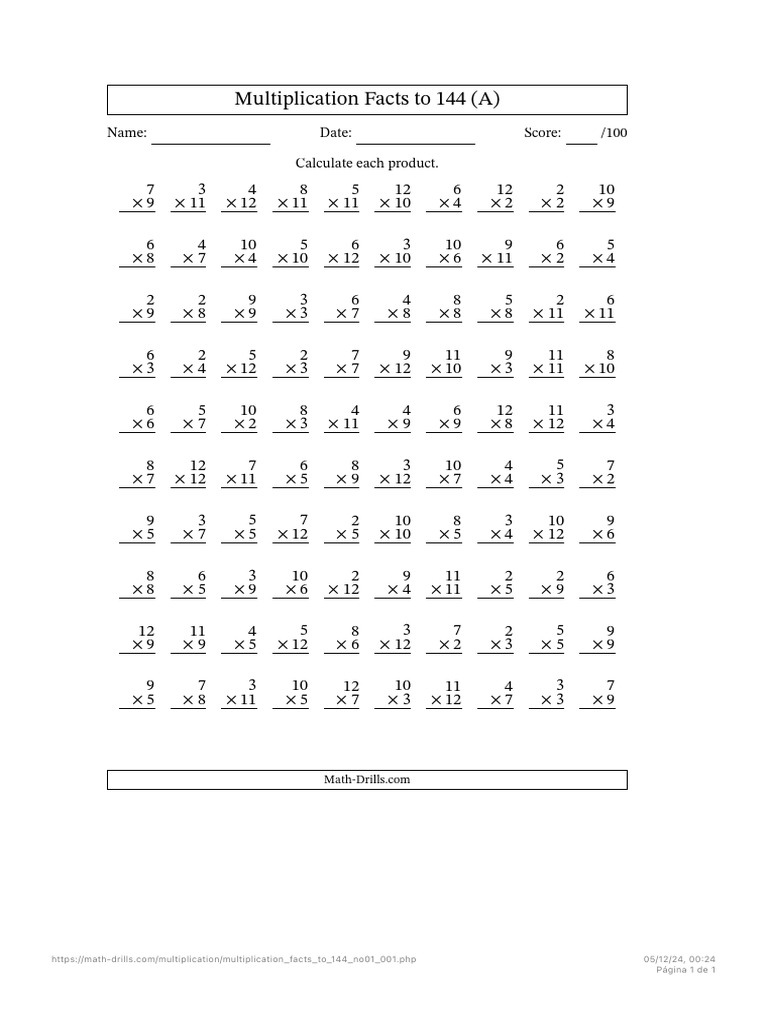 Multiplication Facts Worksheet 144 | PDF | Arithmetic | Mathematics