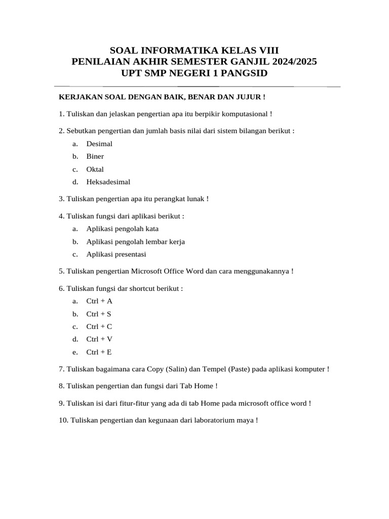 SOAL INFORMATIKA KELAS VIII | PDF