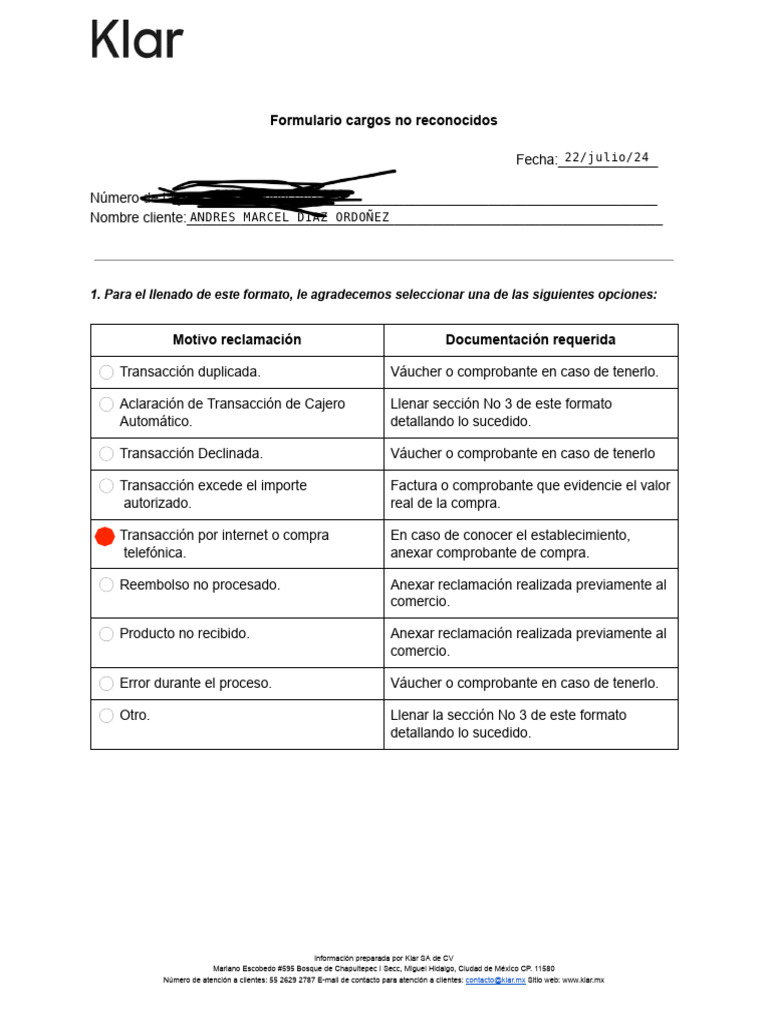Formulario Cargos No Reconocidos 2024 | PDF
