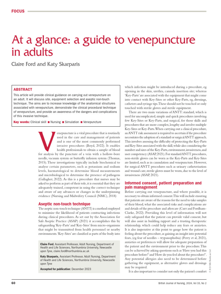 Ford Skarparis 2024 at A Glance A Guide To Venepuncture in Adults | PDF | Arm | Clinical Medicine
