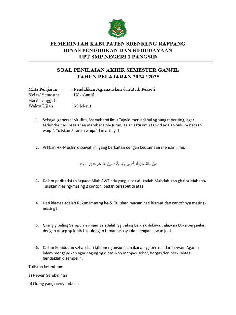 SOAL UJIAN SEMESTER GANJIL TAHUN 2024 PAI KElas 9 | PDF