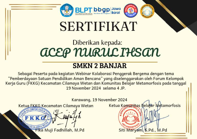 E-Sertifikat Kolaborasi FKKG Cilamaya Wetan Dan Metamorfosis ACEP NURUL IHSAN | PDF