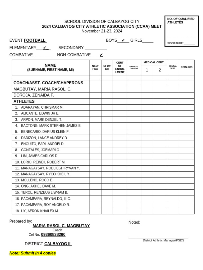 2024 Calbayog City Athletic Meet Roster | PDF