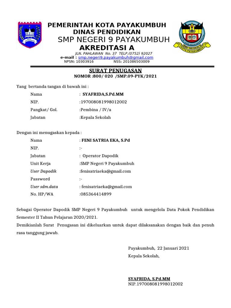 SURAT PENUGASAN OPERATOR DAPODIK (1) | PDF