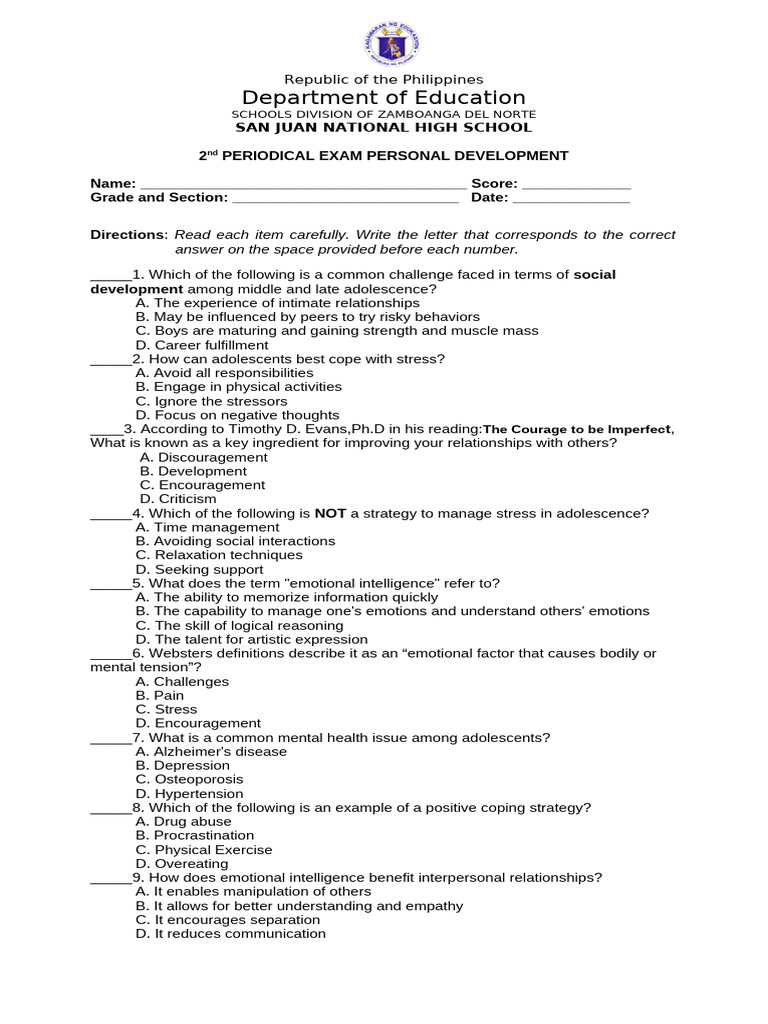 Summative - Test - Personal Development | PDF | Stress (Biology ...