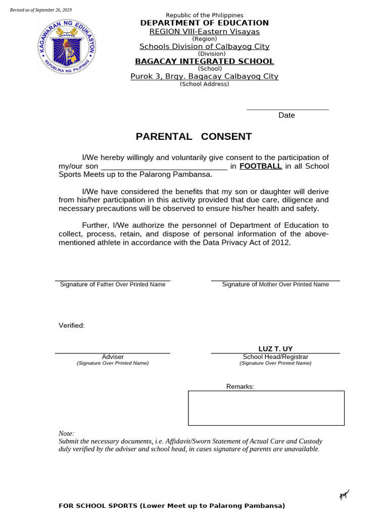 Parental Consent for School Football Participation | PDF