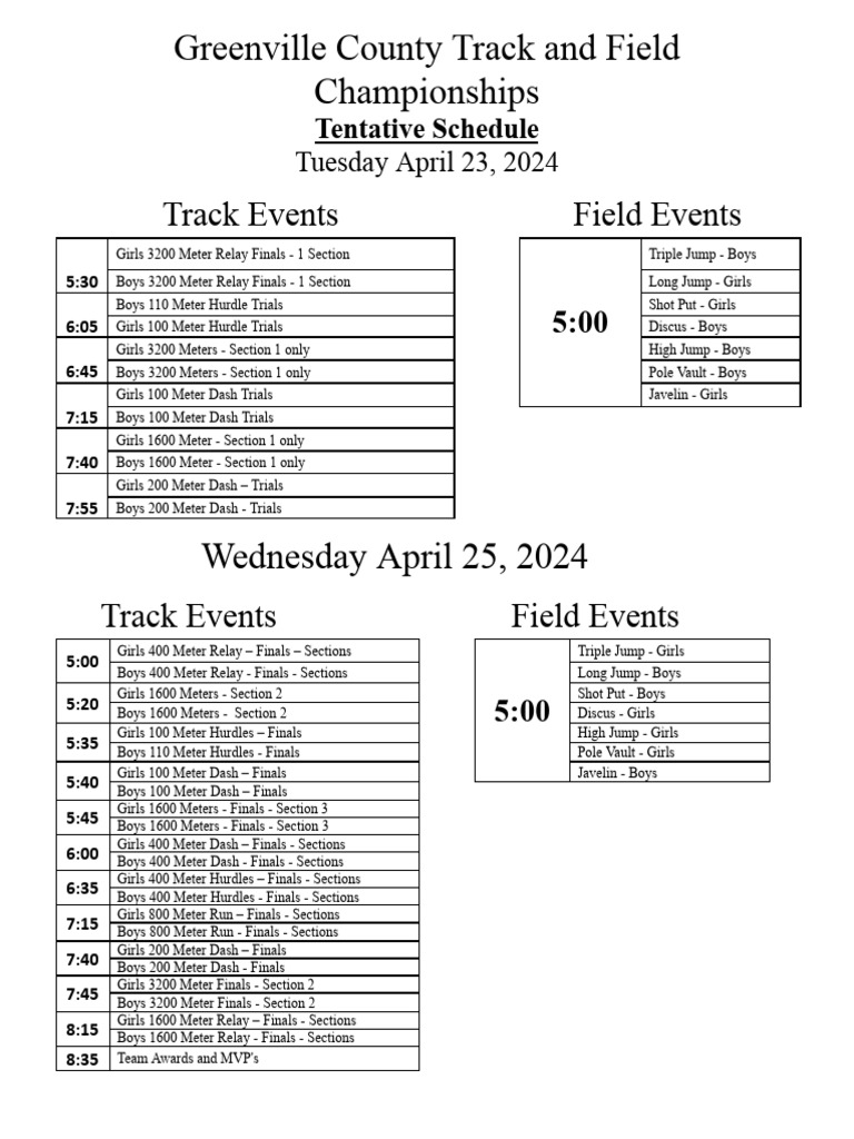 Varsity Time Schedule | PDF | Track And Field | Games Of Physical Skill