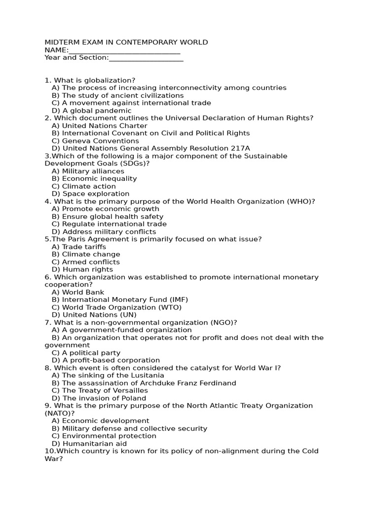 Contemporary World Midterm Exam Guide | PDF | United Nations ...