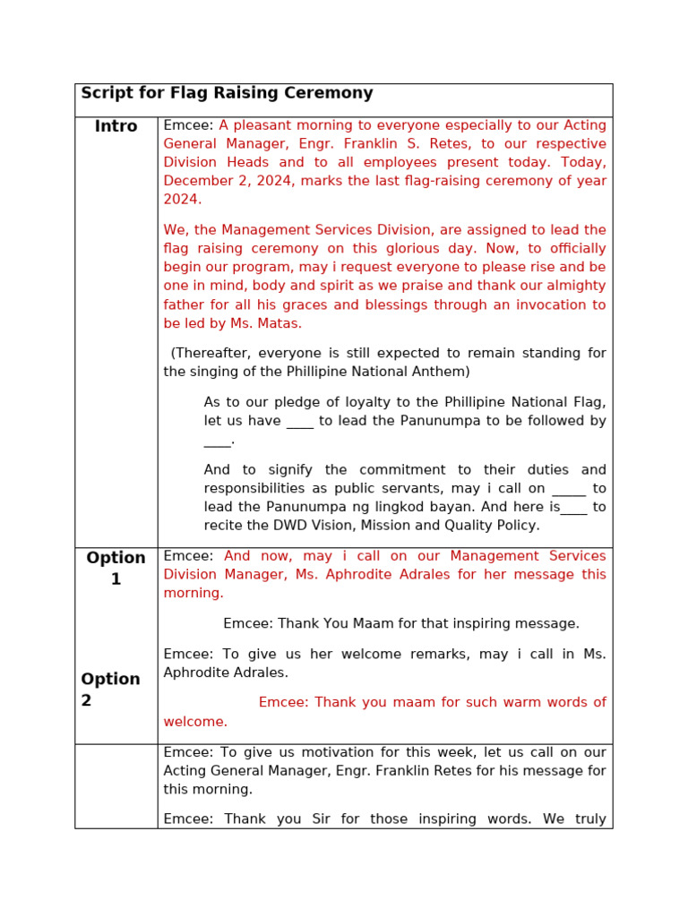 Emcee Script For Flag Ceremony | PDF
