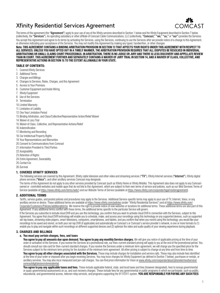 Xfinity Residential Services Agreement-FCC_BIL_RSA_05032024 | PDF | Fee ...