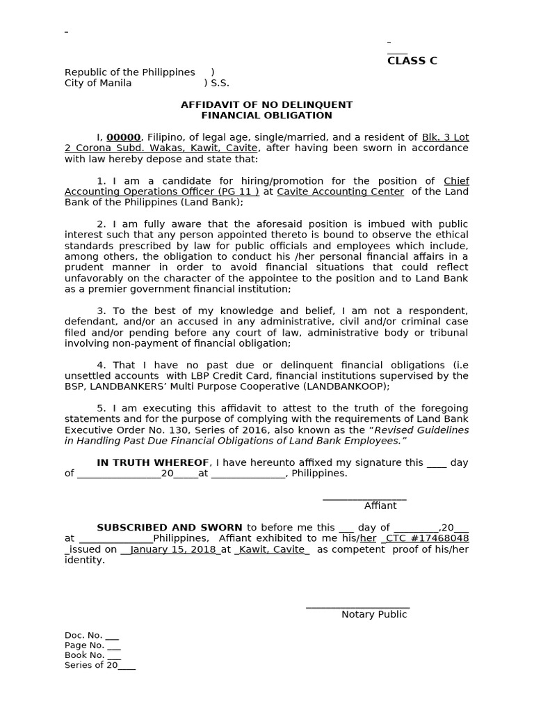 Affidavit of No Delinquent Financial Obligation | PDF | Affidavit ...