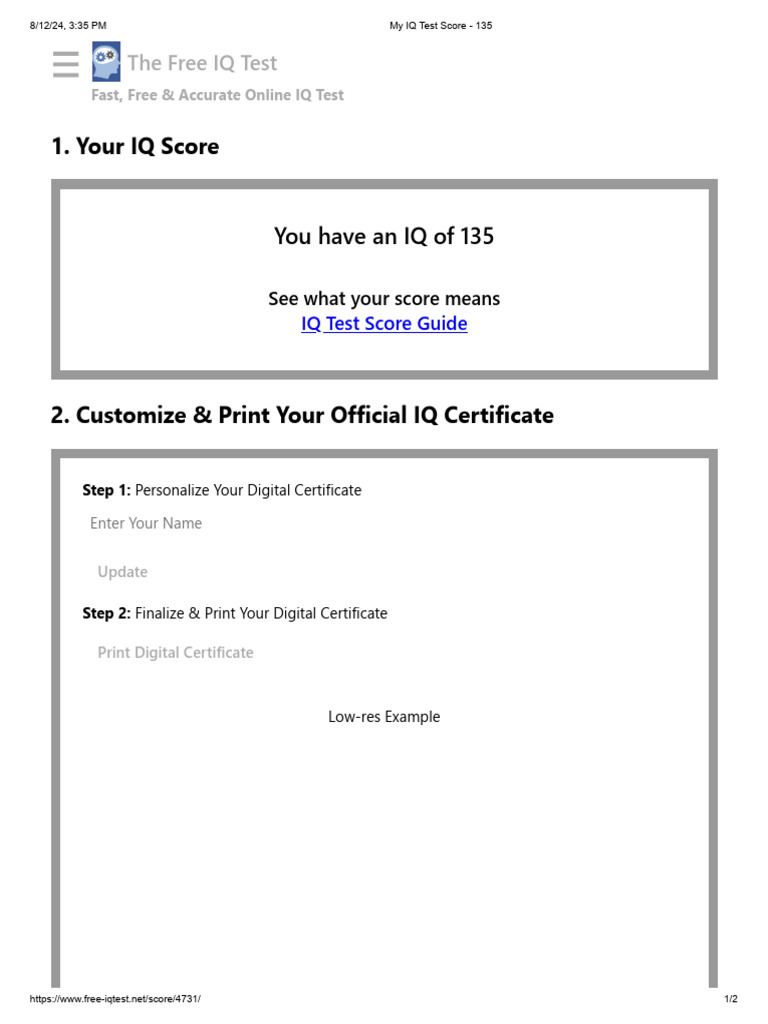 My IQ Test Score - 135 | PDF