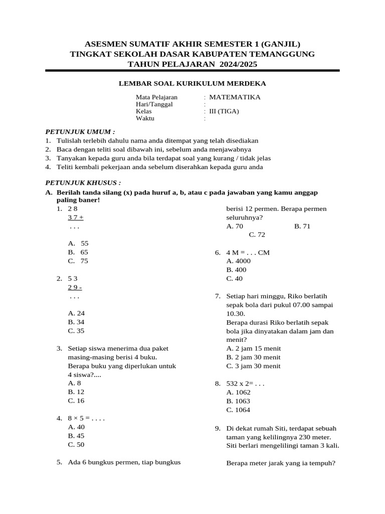 SAS 1 Kelas III - MTK | PDF