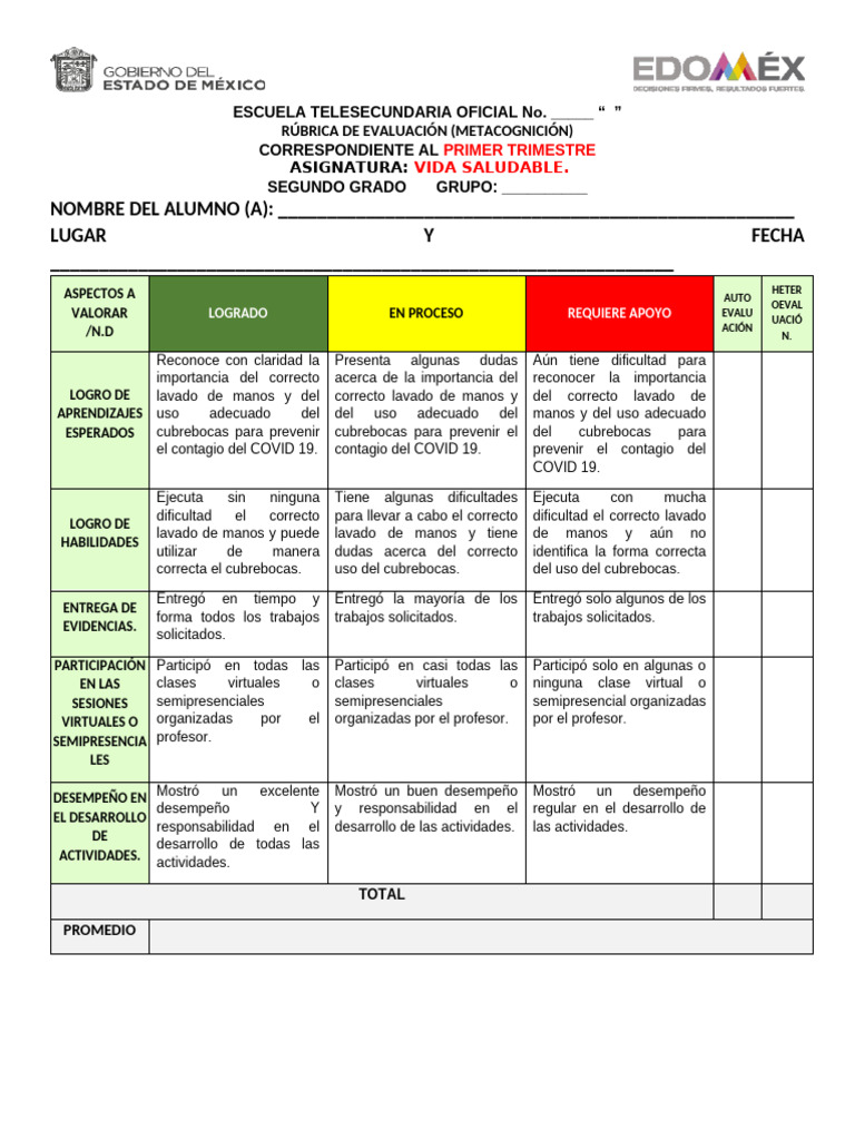 Rúbrica metacog. Vida saludable. | PDF | Modificación de comportamiento ...