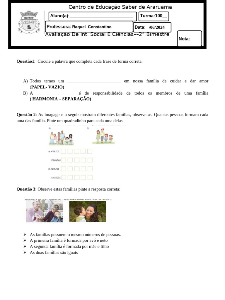Avaliação de Int. Social E Ciências––2b 2024 | PDF