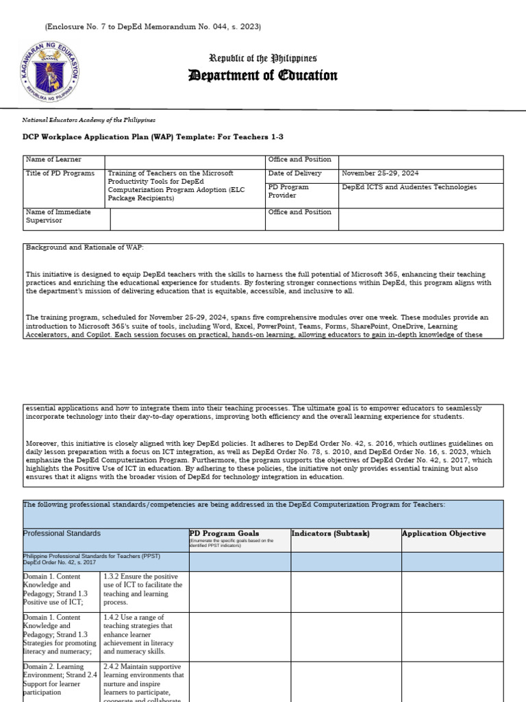 Workplace Application Plan (WAP) - DCP For Teachers I-III | PDF ...