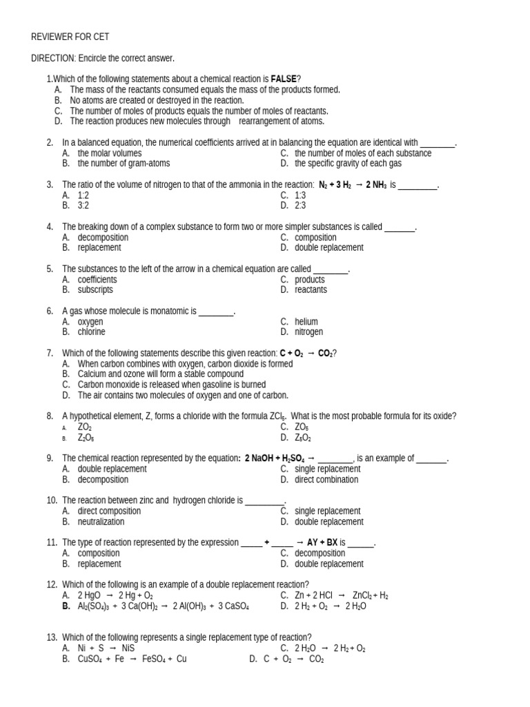 CET Chemical Reaction Review Quiz | PDF | Chemical Substances | Oxide