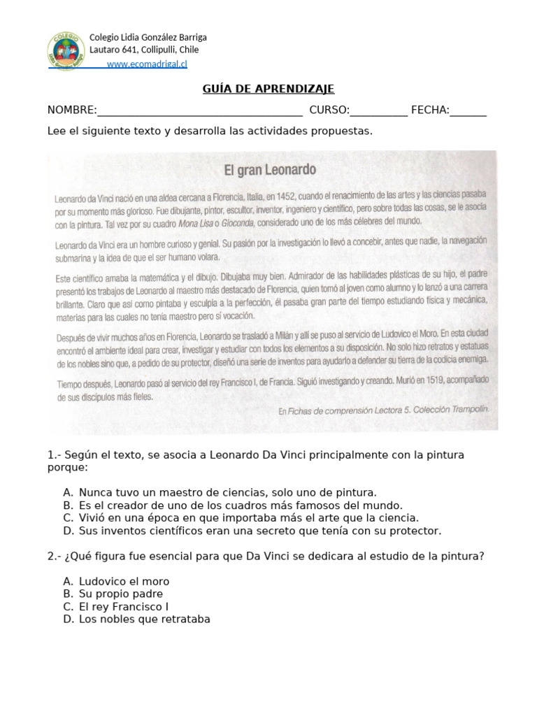Guía de Aprendizaje Biografia Leonardo Da Vinci | PDF | Leonardo Da ...