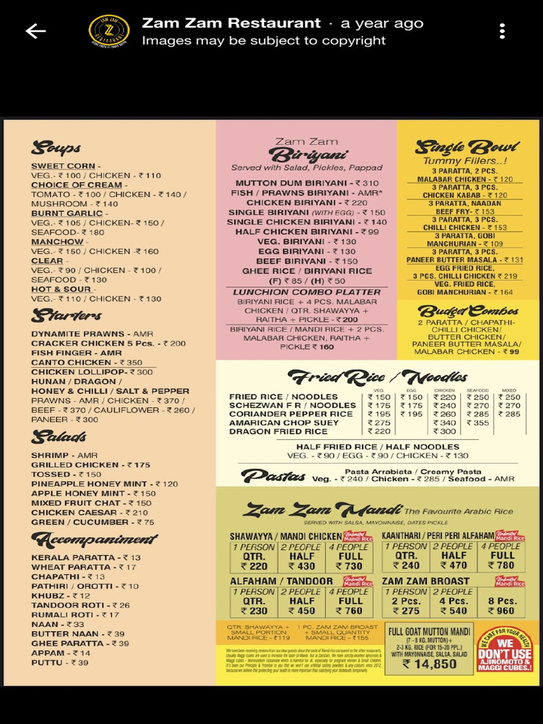 Zam Zam Restaurant Thiruvananthapuram Menu - Google Search | PDF ...