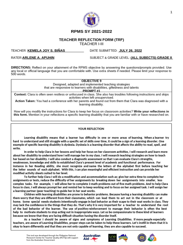 Appendix 4A Teacher Reflection Form For T I III For RPMS SY 2021 2022 ...