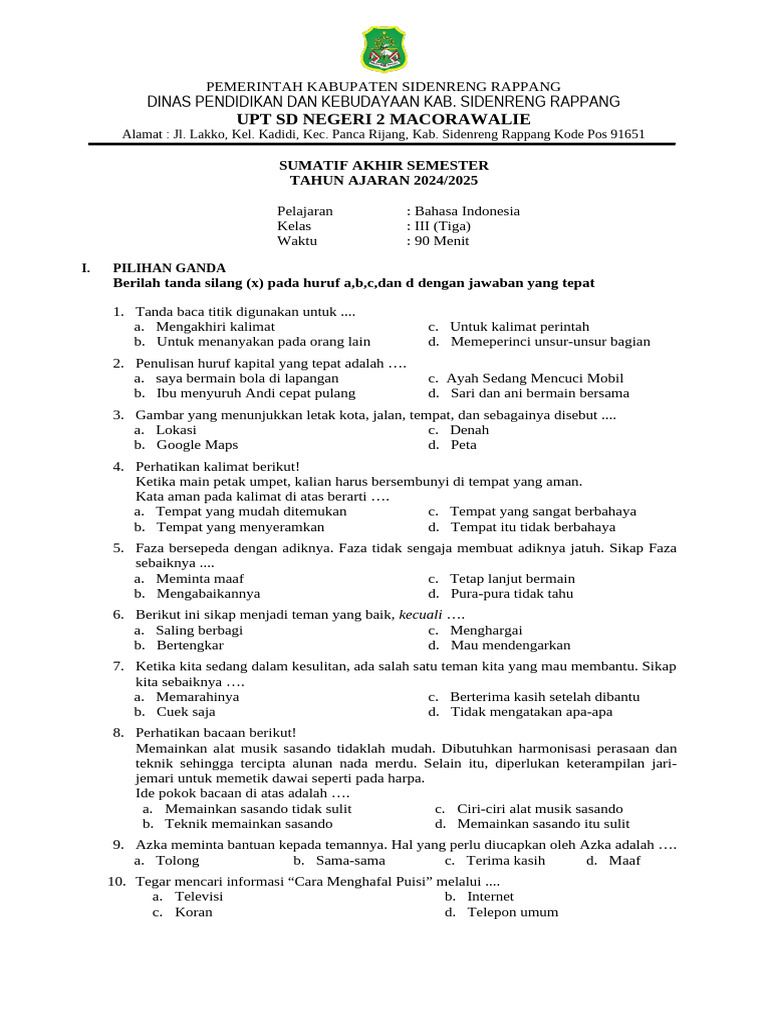 Soal Asas Ganjil Bhs. Indonesia Kelas 3 (1) | PDF