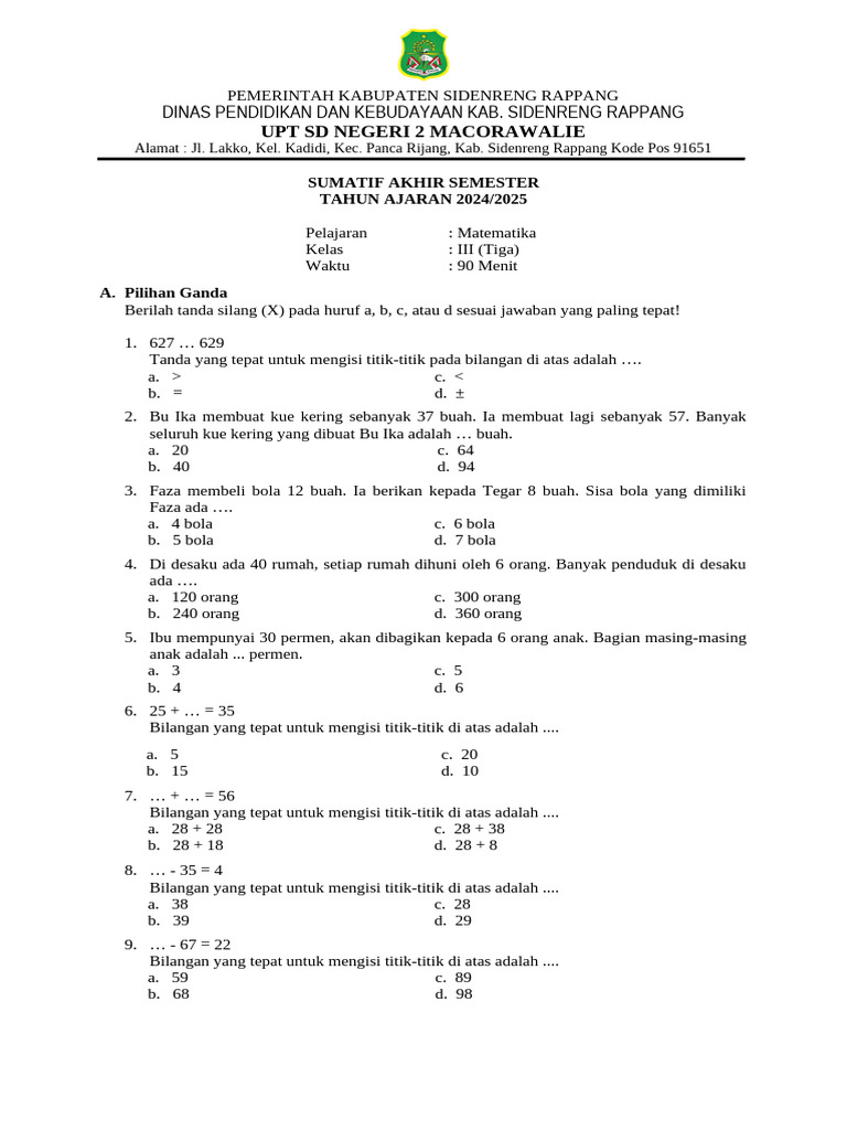 Soal Asas Ganjil Matematika Kelas 3 | PDF