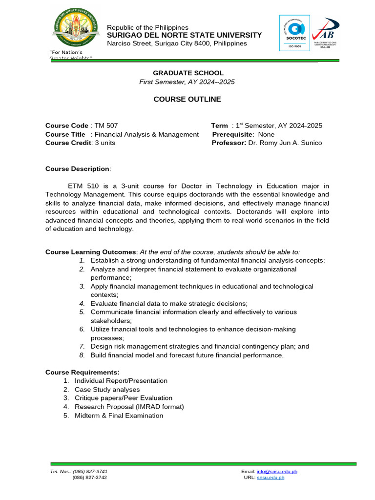 2024 COURSE-OUTLINE-Financial Analysis and Management | PDF | Risk ...