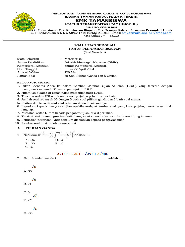 Matematika Soal Us Utama 2024 | PDF