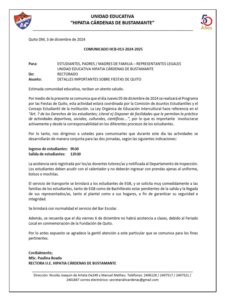 013- COMUNICADO PADRES DE FAMILIA FIESTAS DE QUITO | PDF