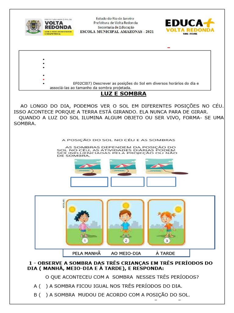Atividade 26 Ciencias 2 Ano | PDF | Sombra | Sol