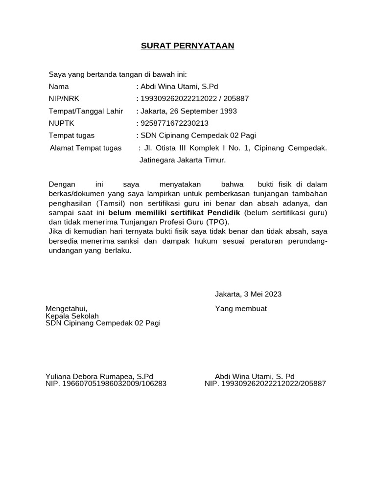 Pernyataan Tamsil Guru Non Sertifikasi | PDF