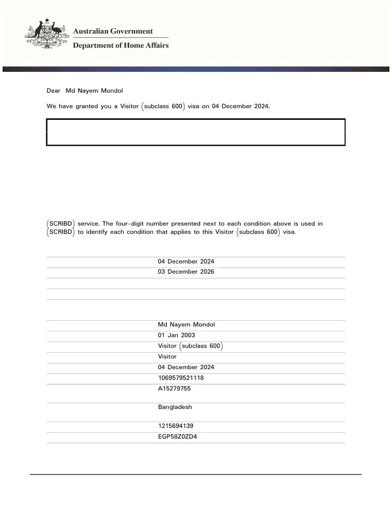 MD Nayem Mondol Australia Visa Subclass 600 Granted Letter 01-01-2003 ...