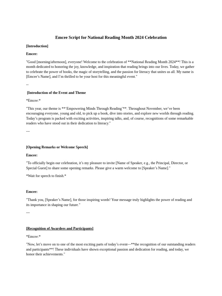 Emcee Script for National Reading Month 2024 Celebration | PDF