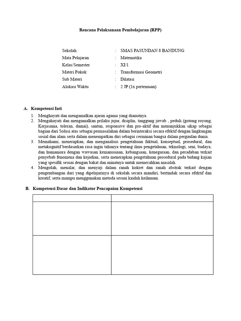 RPP - Geometri Transformasi (DILATASI) - MTK Wajib - Kelas 11 Fix | PDF