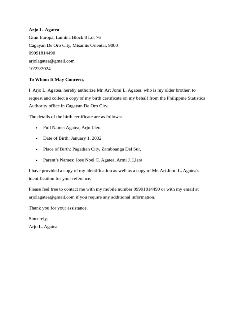 Authorization Letter for Birth Certificate | PDF