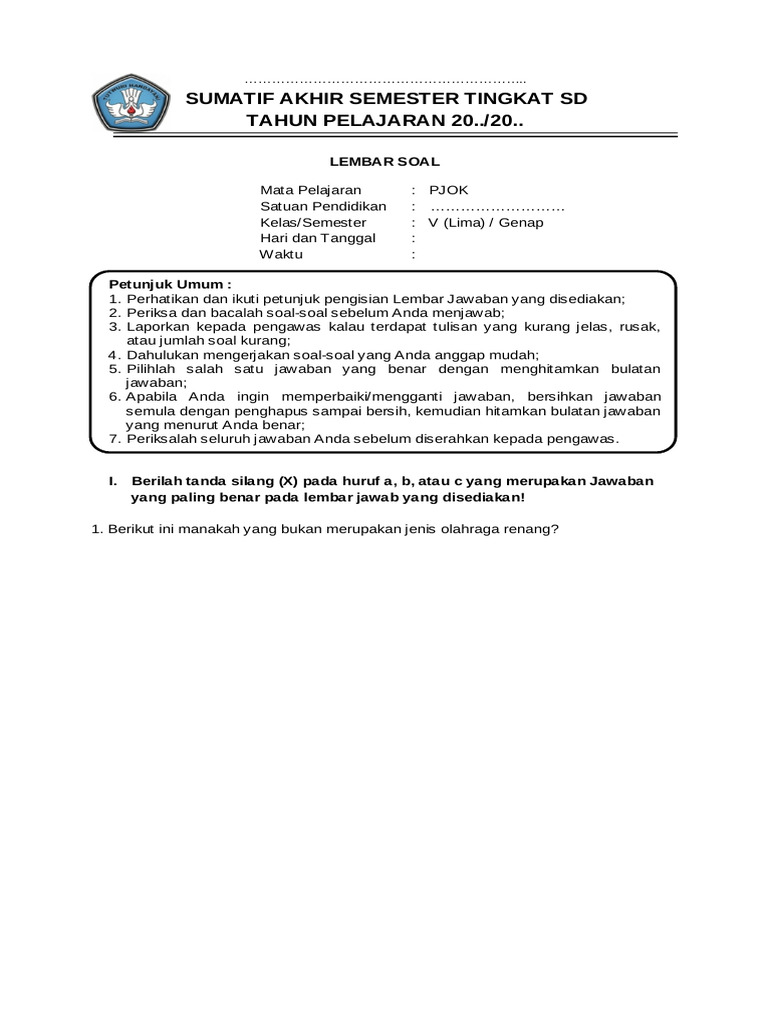 Soal PJOK Kelas 5 Semester Genap | PDF