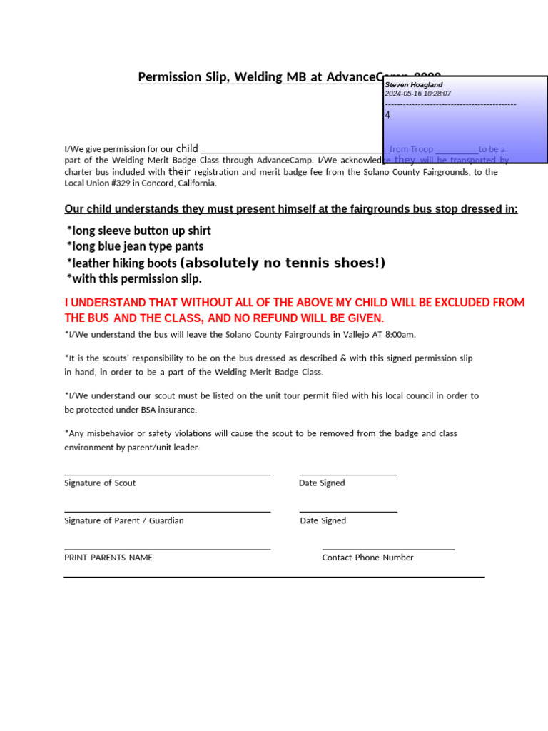 Welding Permission Slip 2022 | PDF