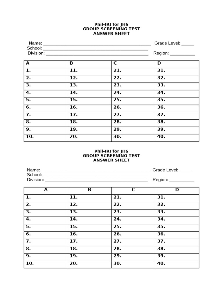 Phil-IRI For JHS - GST - Answer Sheet | PDF
