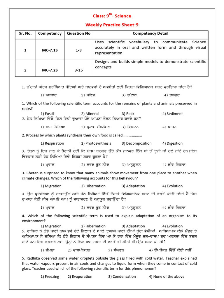9th Grade Science Practice Sheet | PDF | Nature | Applied And ...