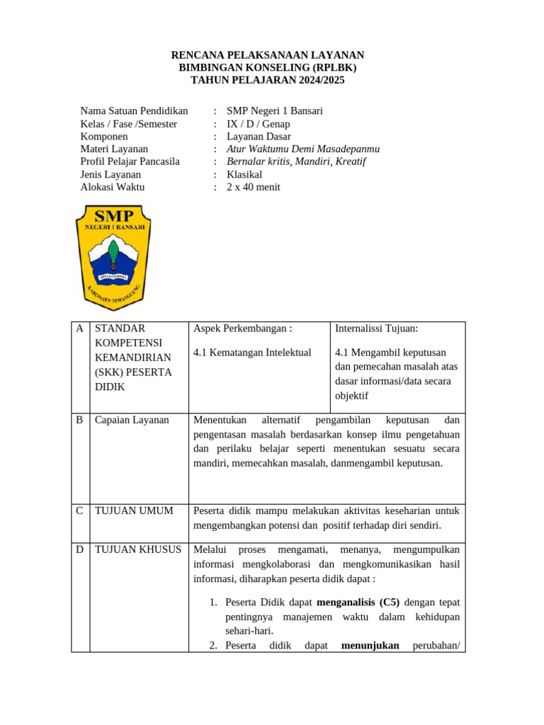 Modul Layanan BK - Kelas 7 - Pribadi (Manajemen Waktu) | PDF